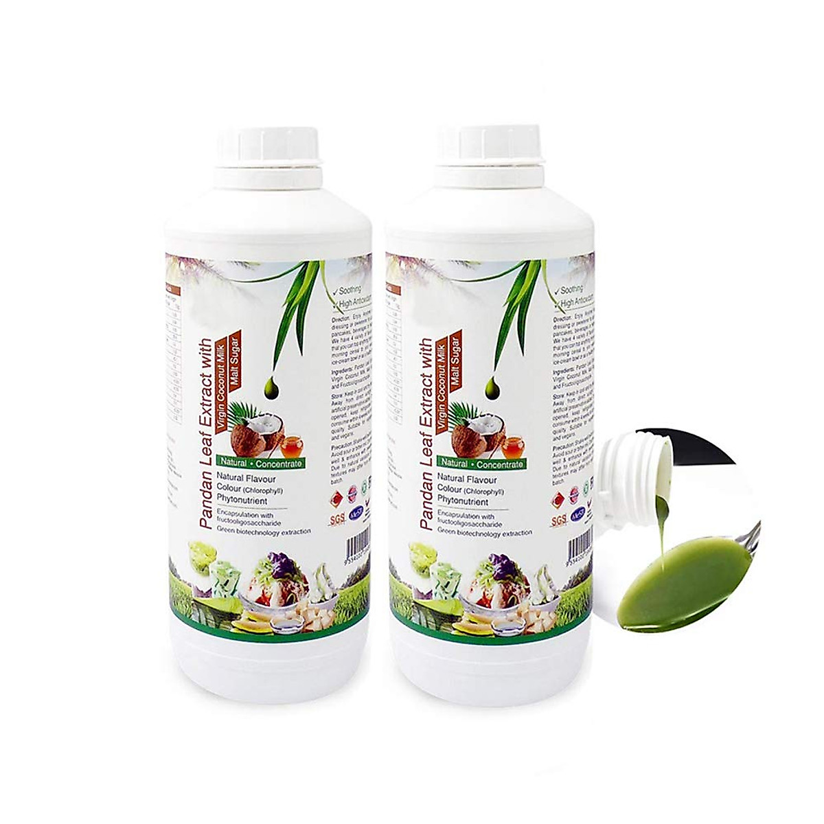 2 Bottles of Pandan Leaf Extract With Virgin Coconut Milk Concentrate (1000g) ,Natural Color Chlorophyll, Fresh Vanilla of the East, Natural Asian Gourmet Baking Ingredient