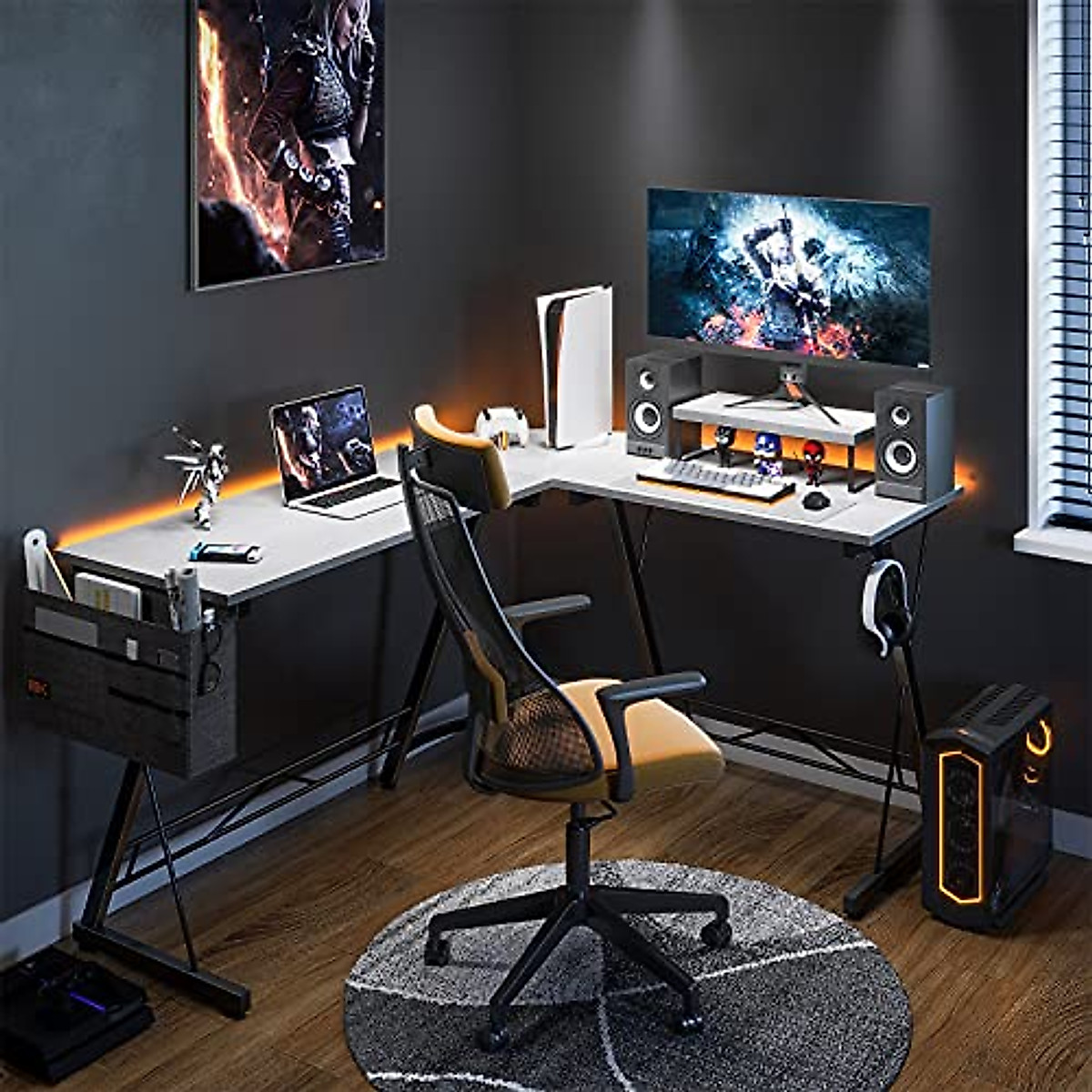 Casaottima L Shaped Desk Gaming Desk Home Office Desk Computer Desk with Round Corner, Large Monitor Stand
