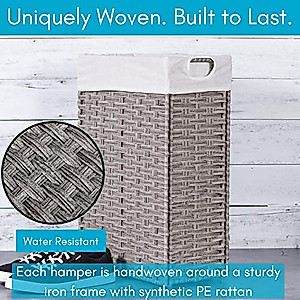 BIRDROCK HOME 22" Slim Laundry Hamper with Removable Liner Bag | Grey | Handwoven | Compact Collapsible Clothes Basket | Synthetic PE Rattan