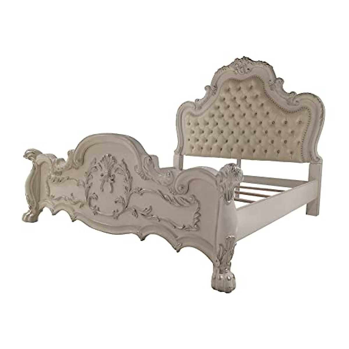 Acme Dresden Wooden Bed with Faux Leather Upholstery in Bone White