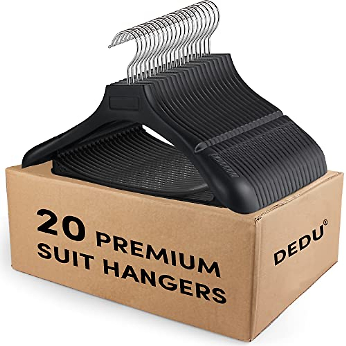 DEDU Plastic Extra Wide Shoulder Suit Hangers for Men 20 Pack Width 17.3", Black Sweater Hangers no Shoulder Bump Non Slip for Thick Sweaters, Clothes Hangers with Pants Bar 360° Swivel Metal Hook