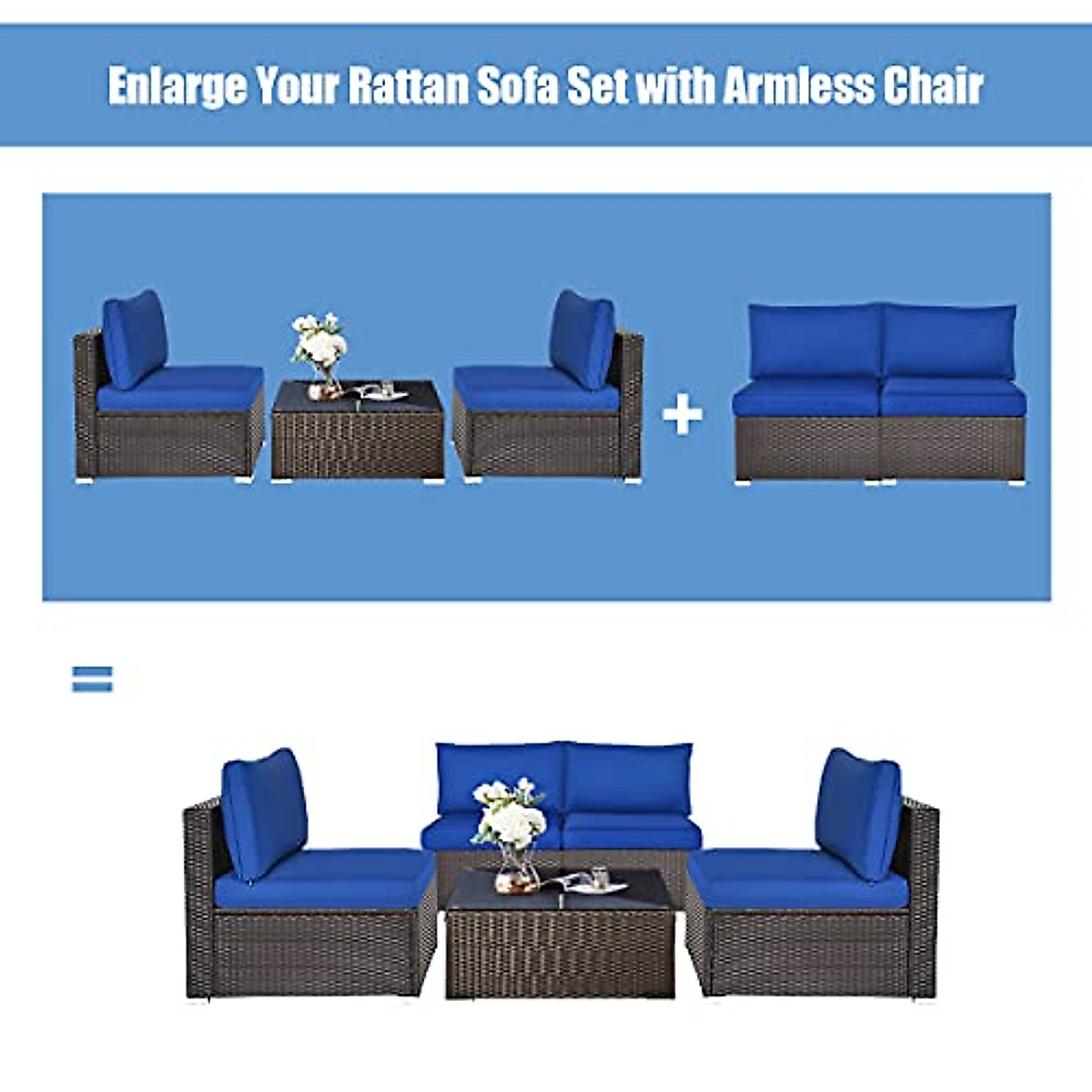 HAPPYGRILL 2-Piece Armless Sofa Set Outdoor Rattan Wicker Sectional Sofa Patio Chairs with Cushions for Porch Garden Balcony Poolside