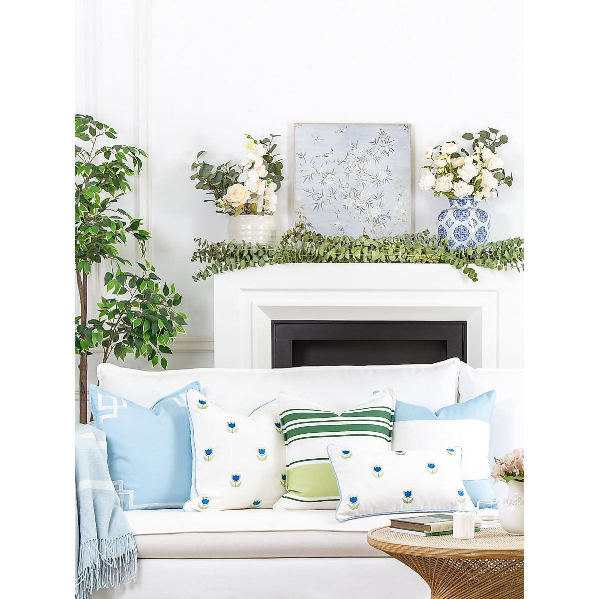 Hofdeco Premium Coastal Patio Indoor Outdoor Throw Pillow Cover Only, 20”x20” Water Repellent for Backyard, Couch, Baby Blue Green Embroidered Tulips Floral with Piping