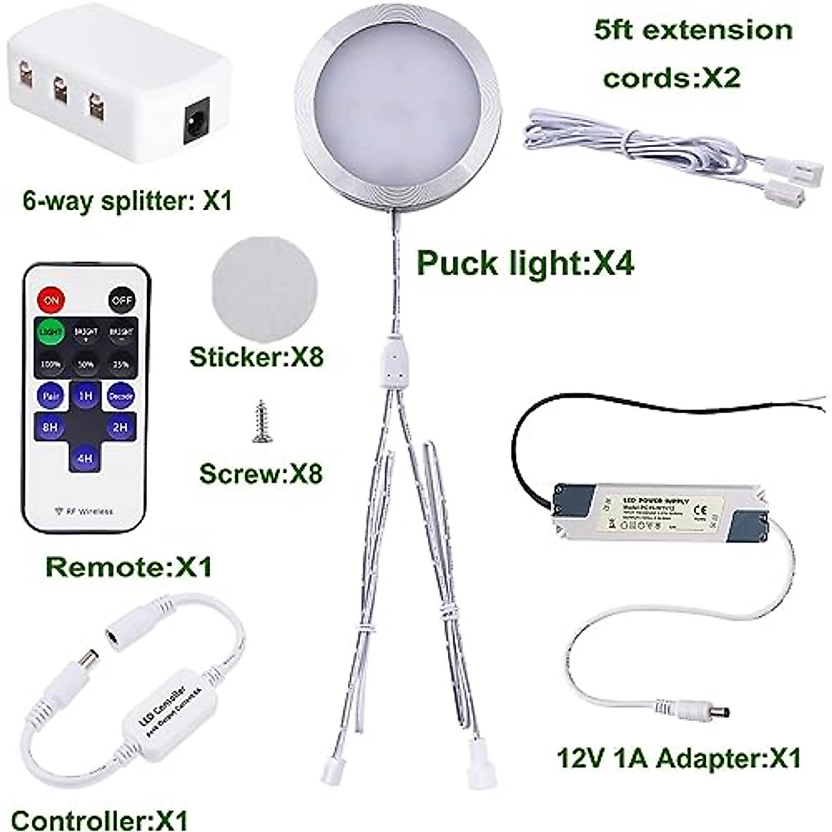 AIBOO Linkable LED Under Cabinet Lights Hardwired 12V Slim Aluminum Dimmable Puck Lights with Remote Control for Cupboard Lighting (4 Lights, Daylight White, NO Wall Plug)