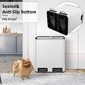 Arlopu 8 Gallon Dual Trash Can, 30L(2X15L) Stainless Steel Kitchen Garbage Can, Step-on Classified Recycle Garbage Bin with Removable Inner Buckets, for Kitchen, Living Room, Office (White)
