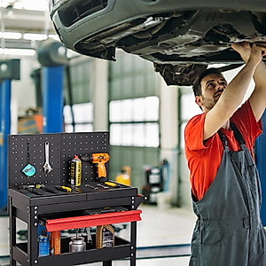 Rophefx 3-Tier Rolling Tool Cart with Sliding Top Mobile Toolbox on Wheels with Backplane Steel Tool Cart with Storage Drawer Utility Cart for Mechanic Warehouse Garage Workshop, Black & Red