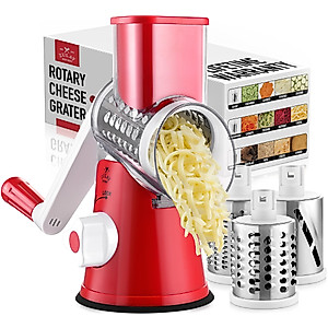 Zulay Kitchen Cheese Grater Hand Crank, Grater For Kitchen With Reinforced Suction - Rotary Cheese Grater With 3 Replaceable Stainless Steel Blades - Easy to Use & Clean - Vegetable Cutter - Red
