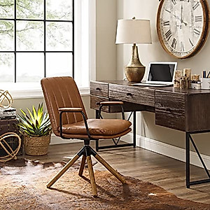 Volans Home Office Desk Chair, Oak Wood Legs, Modern PU Leather Desk Chair No Wheels, Executive Swivel Arm Chair, Mid Back Office Chair, Yellow Brown