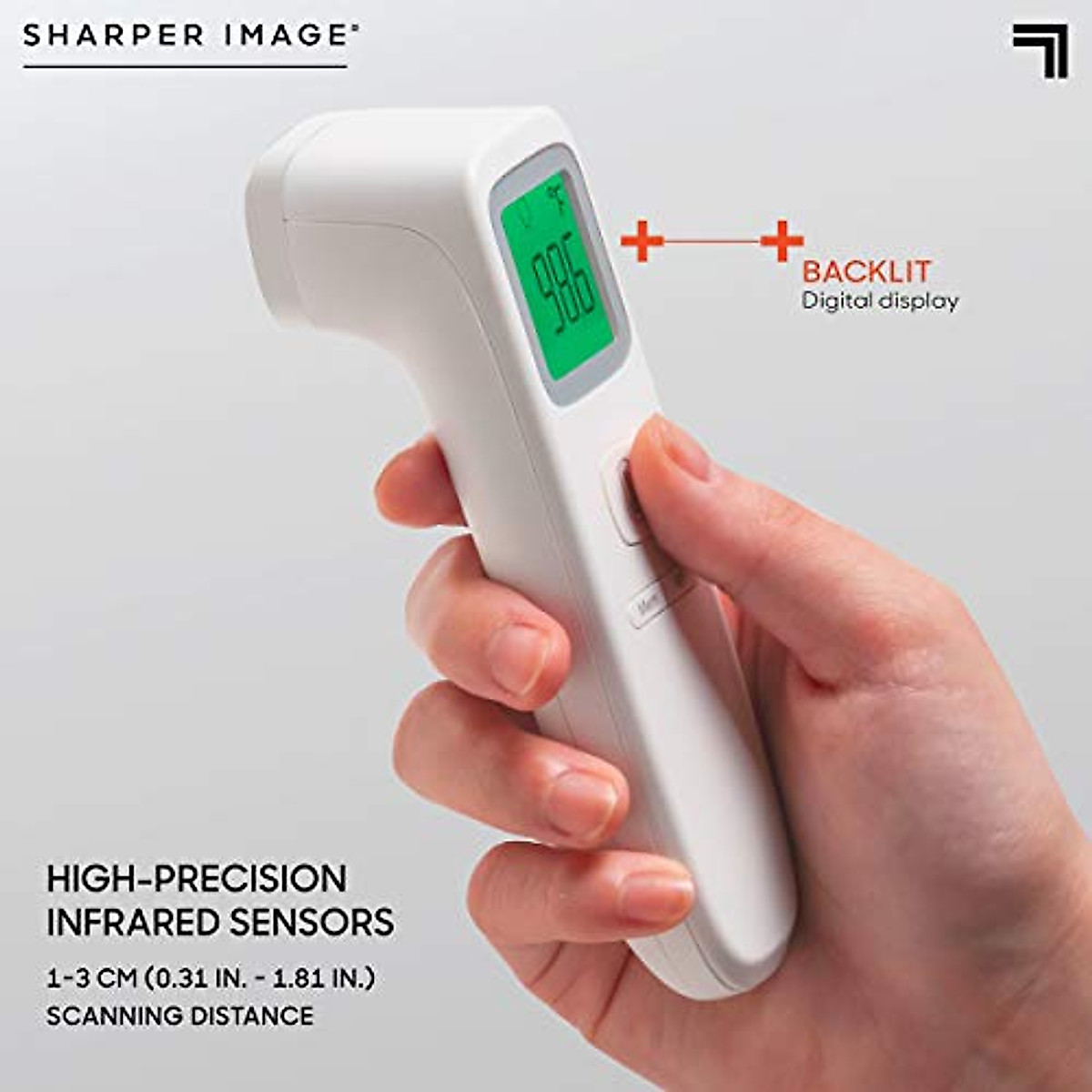 SHARPER IMAGE Digital Touchless Smart Forehead Thermometer, High-Precision Infrared Sensors, Stores 35 Readings, Touch-Free Temp Scans, Battery Powered, Built-in LED Glow Light