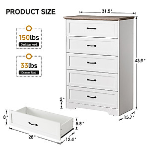 IDEALHOUSE Modern 5 Drawers Dresser, Chest of Drawers Closet Organizers and Storage Clothes, Modern Dressers for Closet Living Room, Kids Bedroom (5 Drawers Dresser, Brown&White)