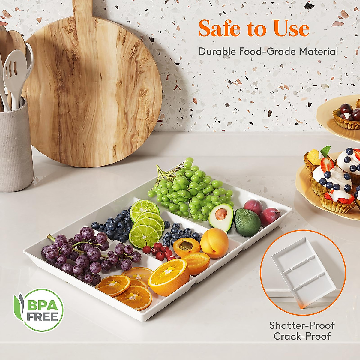 Lifewit Serving Tray Divided for Party Supplies, 4 PCS 15" x 10" Plastic Platters for Serving Food, White Reusable Tray for Veggie, Snack, Fruit, Cookies, Desserts in Kitchen/Pantry