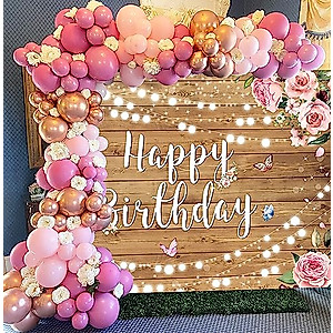 Pink Birthday Party Decorations,Butterfly Rustic Wood Flowers Happy Birthday Backdrop Banner Hot Pink Balloon Arch Garland Kit for Women Girl Birthday Party Supplies