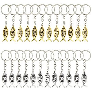 Juvale 24 Pack Metal Jesus Fish Keychains, Christian Religious Gifts for Women and Men, Bulk Key Rings for Easter Party, Family Reunion Favors (Silver and Gold-Colored)