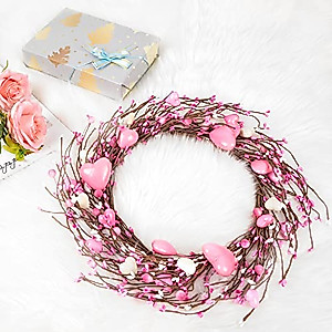 Artflower Pink Pip Berry Wreath Heart Shaped Artificial Decoration Rustic Twig Fake Garland Handmade Festival Gifts for Valentine's Day Wedding Garden Door Wall Hanging Home Indoor Office Decor