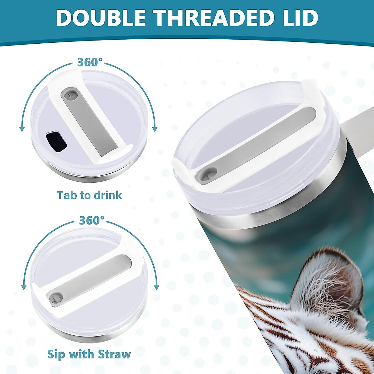 xigua 40 oz White Tiger Tumbler with Handle and Straw Lid, Stainless Steel Vacuum Insulated Sports Water Bottle, Keeps Cold or Hot Coffee Cup Travel Mug