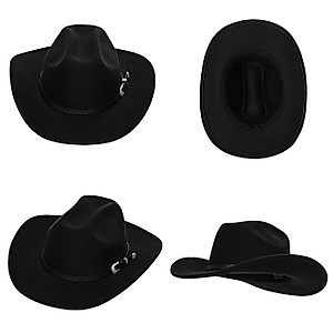 Western Cowboy Hat for Men Women - Classic Felt Wide Brim Fedora Hat with Belt Buckle Black