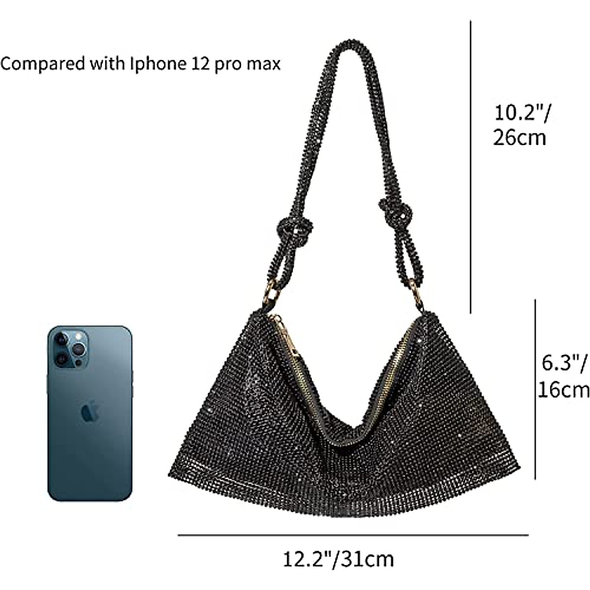 Rhinestone Hobo Bag for Women Chic Evening Handbag Shiny, Sparkly Crystal Handbag Shoulder Bags for Travel Vacation Party Proms Gifts (Black)