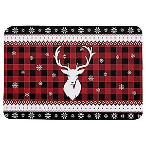 Christmas Bath Rugs Elk Deer Reindeer Snowflake Sponge Doormat Absorbent Non Slip Durable Soft Flannel Mat Red Buffalo Plaid Check Christmas Memory Foam Mats for Bathroom Kitchen 20 x 32 inches