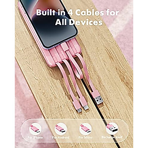 Portable Charger with Built in Cables, Portable Charger with Cords Wires Slim 10000mAh Travel Essentials Battery Pack 6 Outputs 3A High Speed Power Bank for iPhone Samsung Pixel LG Moto iPad