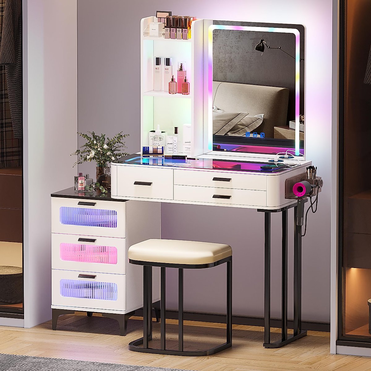 Gurexl RGB Makeup Vanity Desk with Wireless Charging Station,7 Dynamic and 7 Static Dimmable Vanity Table with Visible Glass Top, Dream Make up Vanity with Mirror and Lights, Stool, 6 Drawers