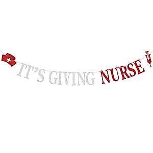 Red Glitter It's Giving Nurse Banner, Nurses Call the Shots/Nursing School Survivor, 2025 Nurse Graduation Party Decorations Supplies
