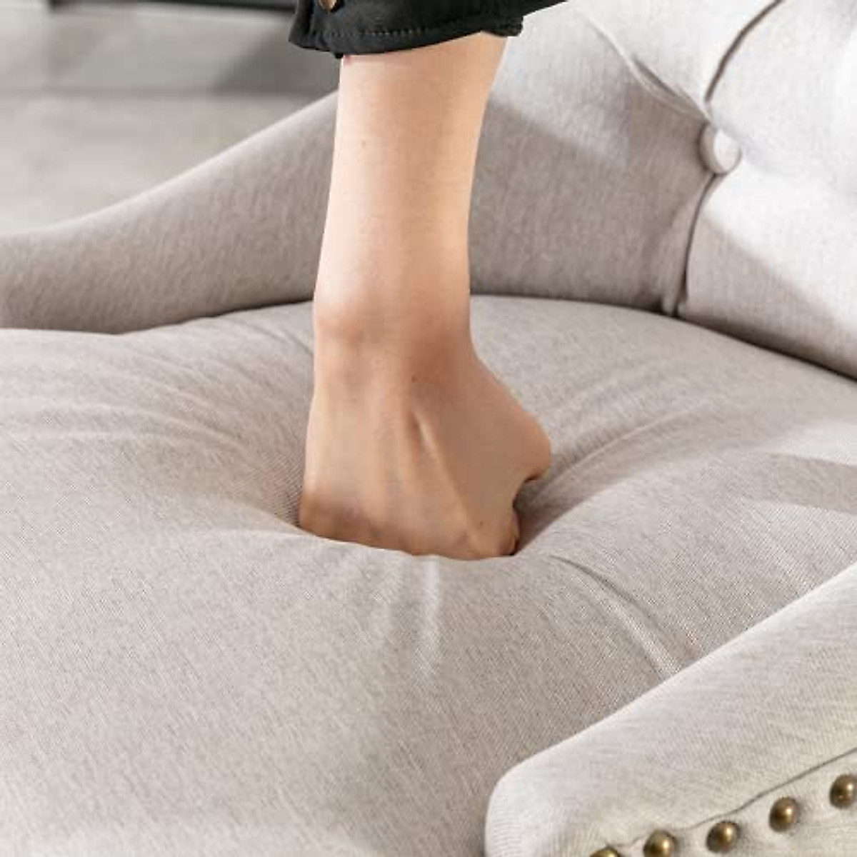 CIMOO Linen Dining Chairs Set of 2 Mid Century Modern Tufted Accent with Solid Wooden Legs Nailhead Trim Room Leisure Padded side for Room/Kitchen/Living Room, Beige, Linen-beige-2pcs