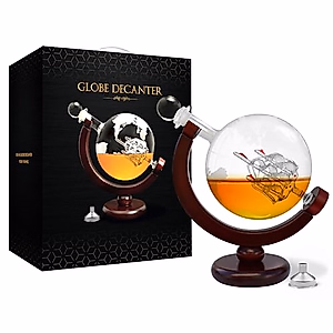 flybold Whiskey Decanter Whiskey Globe Decanter and Glass Set Antique Handblown Ship Decanter Certified Safe Gifts for men Scotch Bourbon Wine Rum Tequila Decanter 28oz 850ml