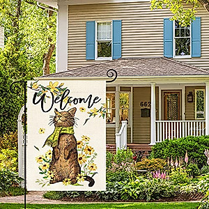 AVOIN colorlife Spring Summer Flower Cat Garden Flag 12x18 Inch Double Sided Outside, Yellow Daisy Sunflower Welcome Yard Outdoor Flag