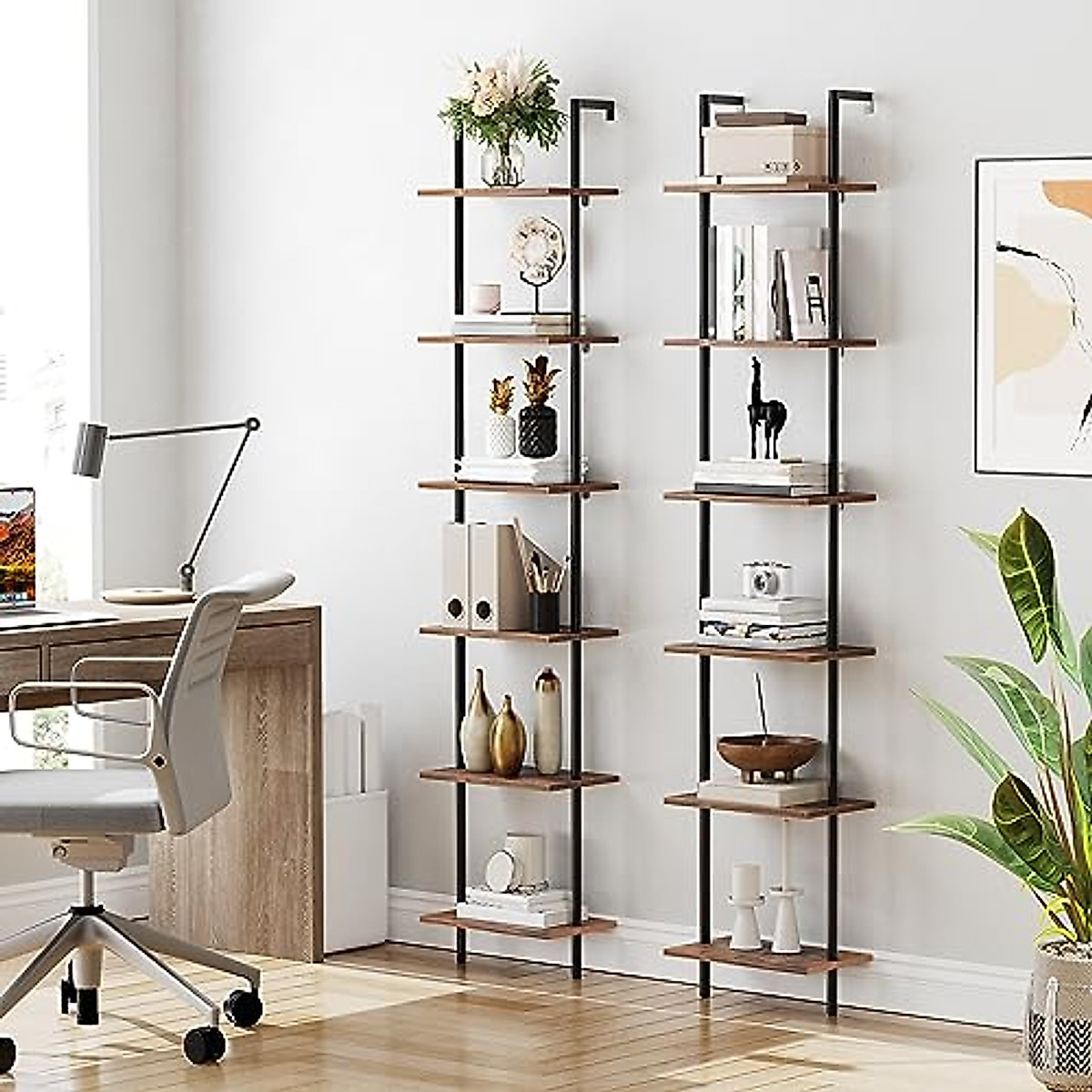HOOBRO DIY Ladder Shelf, 6-Tier Wooden Wall Mounted Bookshelf, Narrow Bookcase, Display Shelf, Storage Rack, Plant Stand, for Living Room, Bedroom, Study, Balcony, Rustic Brown and Black BF651CJ01