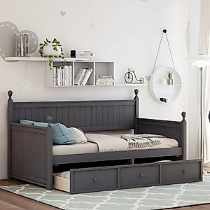 Wood Daybed with 3 Drawers, Solid Wood Daybed Twin Size Bed Frame for Kids/Adults, No Box Spring Needed, Gray