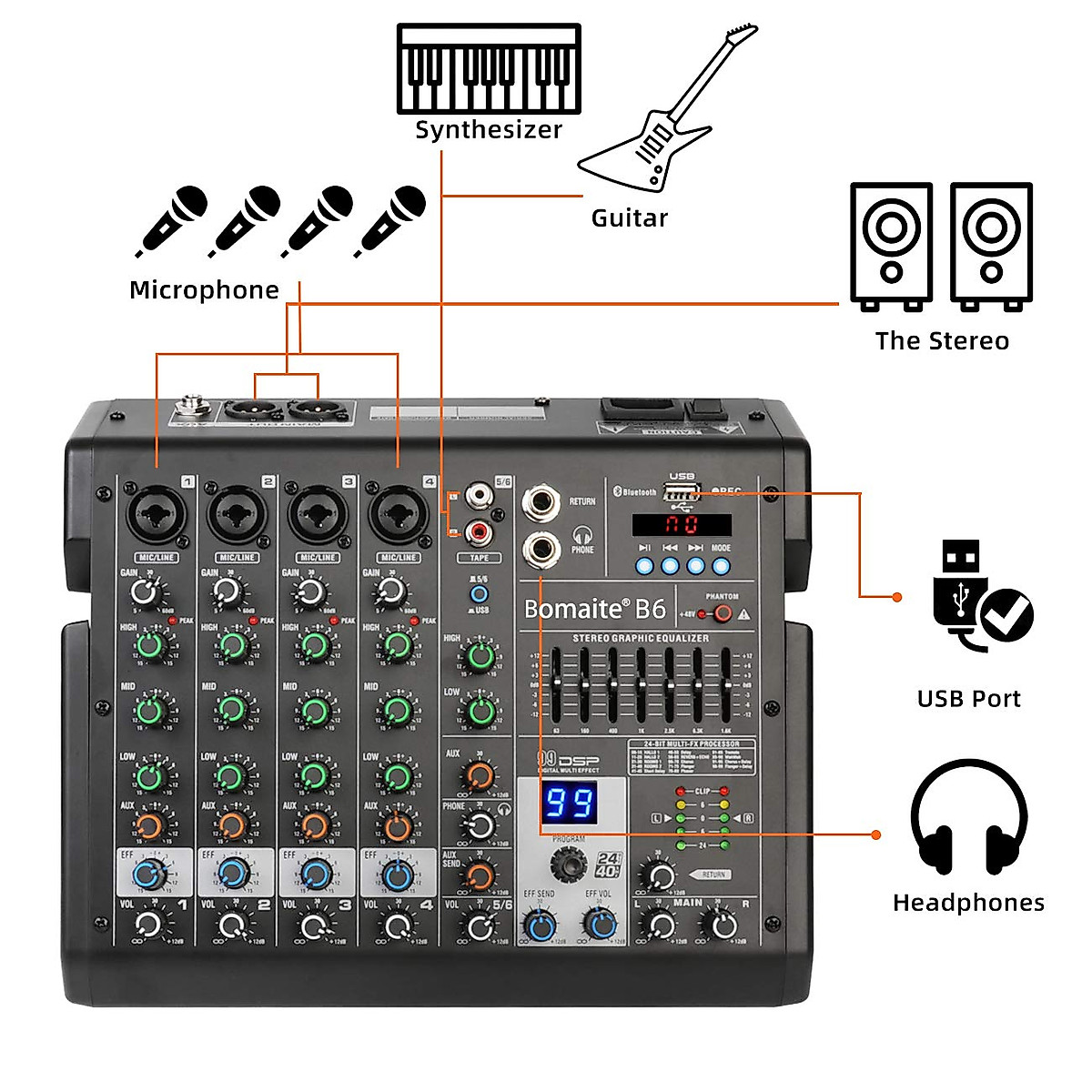 8-Channel Mixer 99 Effects 7 Band EQ Bluetooth Studio Audio Mixer for PC Recording Input, XLR Microphone Jack, 48V Power, for Professional and Beginners-Bomaite B8, Black