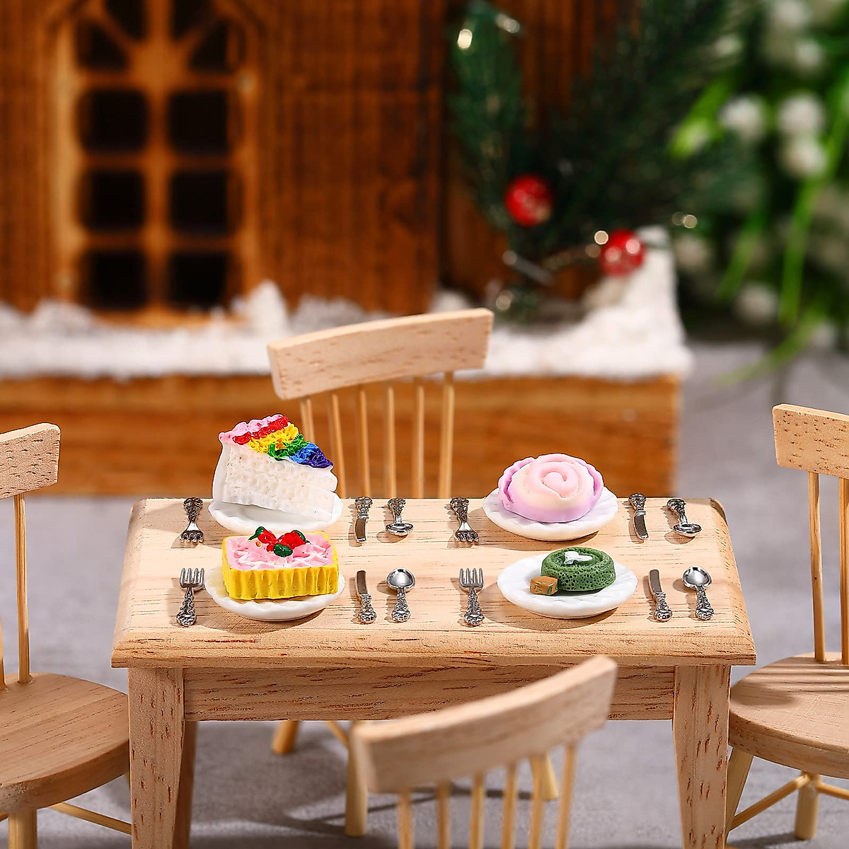 Zhanmai 21 Pcs Dollhouse Miniature Table and Chairs Dollhouse Plates Knives Spoons Forks 1/12 Scale Wooden Table Miniature Mini Dollhouse Accessories for DIY Kitchen Dollhouse Decoration