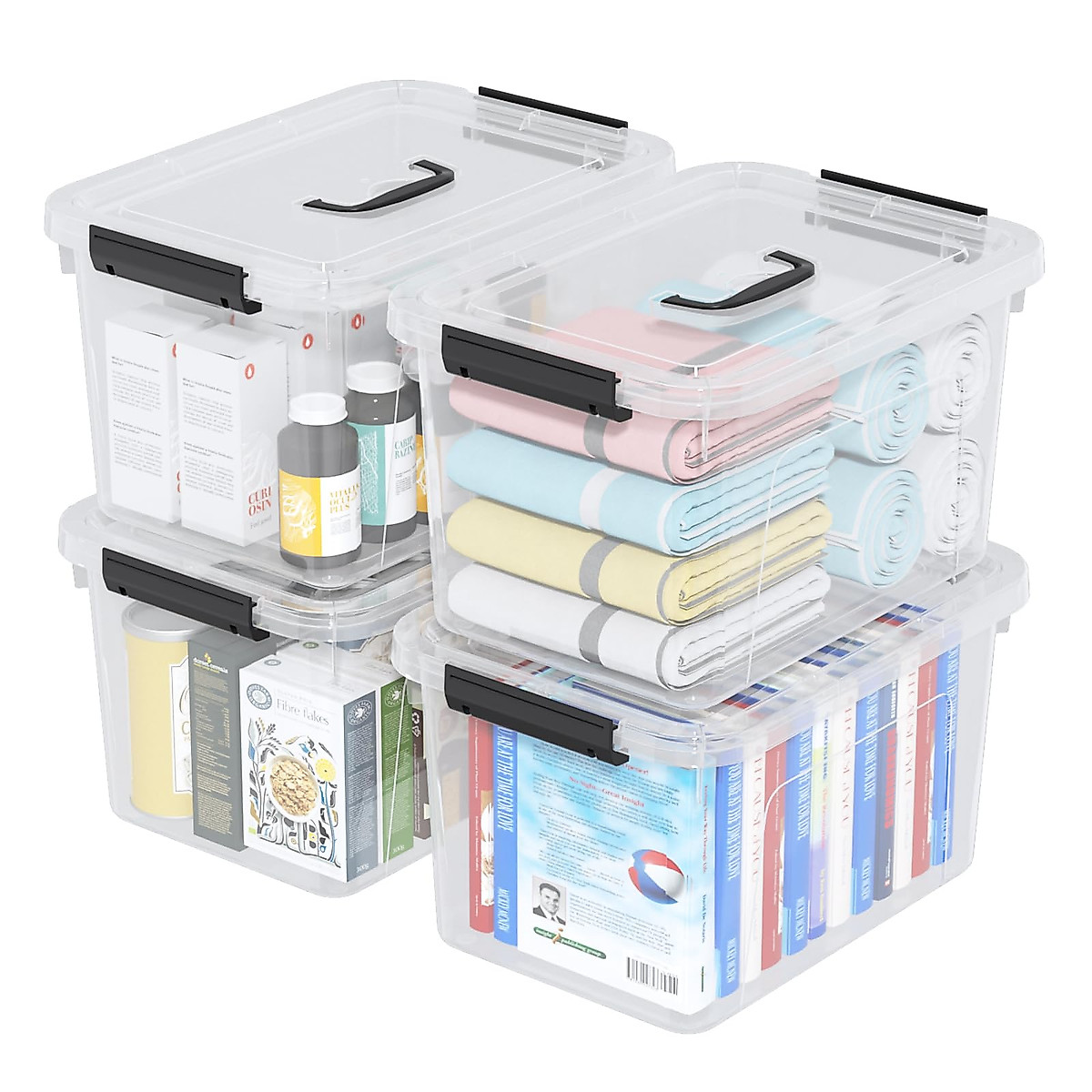 Sosody 20 Quarts Stackable Plastic Storage Latches Box with Lid, Clear Latching Storage Bin with Handle, 4 Packs