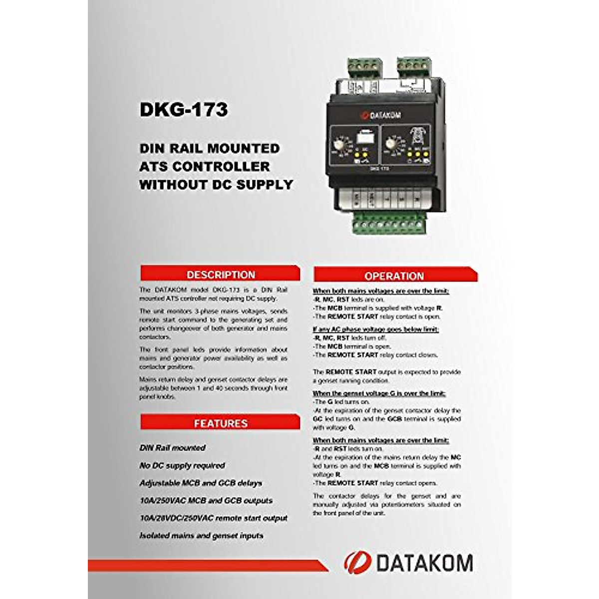 DATAKOM DKG-173 230/400V Generator/Mains Automatic Transfer Switch Panel (ATS)