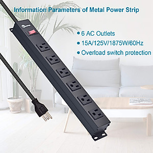 Aluminum Alloy Metal Shell Power Strip, Overload Protection, 6FT 14AWG Extension Cord, 6 Outlets with Large spacing Jacks, Suitable for Factory, Black, Specification: 15A/125VAC/1875W/60Hz