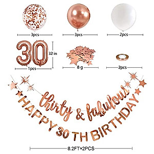 Rose Gold Thirty & Fabulous Happy 30th Birthday Banner Garland Foil Balloon 30 for Womens 30th Birthday Decorations Hanging 30 and Fabulous Cheers to 30 Years Old Dirty Thirty Party Supplies Backdrop