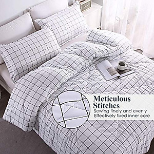 Andency White Grid Comforter Set Twin Size (66x90 Inch), 2 Pieces(1 Grid Comforter and 1 Pillowcase), Summer Lightweight Microfiber Down Alternative White Comforter with Black Lines for Kids Girls
