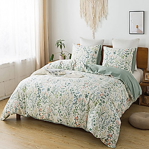 Travan Garden Style Floral Duvet Cover 100% Cotton Duvet Covers Ultra Soft Green Floral Bedding Sets with Zipper Closure, (3pcs, King Size)