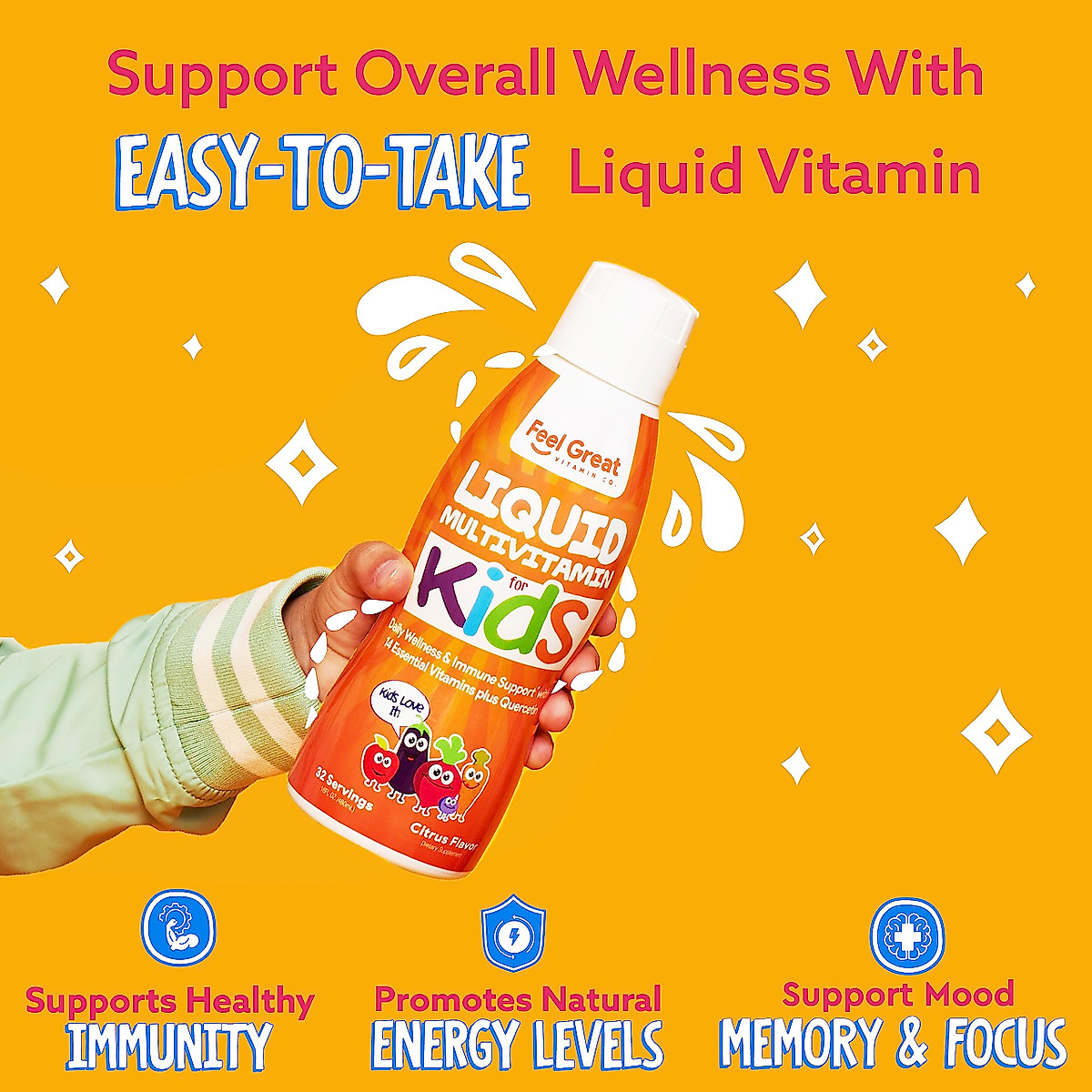Feel Great Liquid Multivitamin for Kids | Orange Flavored Vegetarian & Sugar Free Kids Liquid Vitamin | Essential Kids Vitamins & Immune Support for Kids | 30 Day Supply