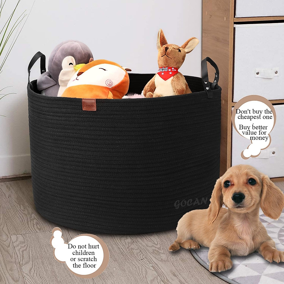 GOCAN Extra Large Storage Laundry Basket 22" X 22"X 14" Cotton Rope Woven Basket for Blanket Basket with Handles for Living Room Toys Storage XXXL (Pure Blk)