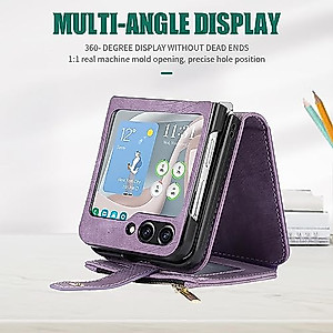 UEEBAI Crossbody Wallet Case for Samsung Galaxy Z Flip 5 5G, Card Slots Adjustable Crossbody Zipper Cover Detachable Lanyard Strap Flip Case with Hand Strap Kickstand Case - Purple