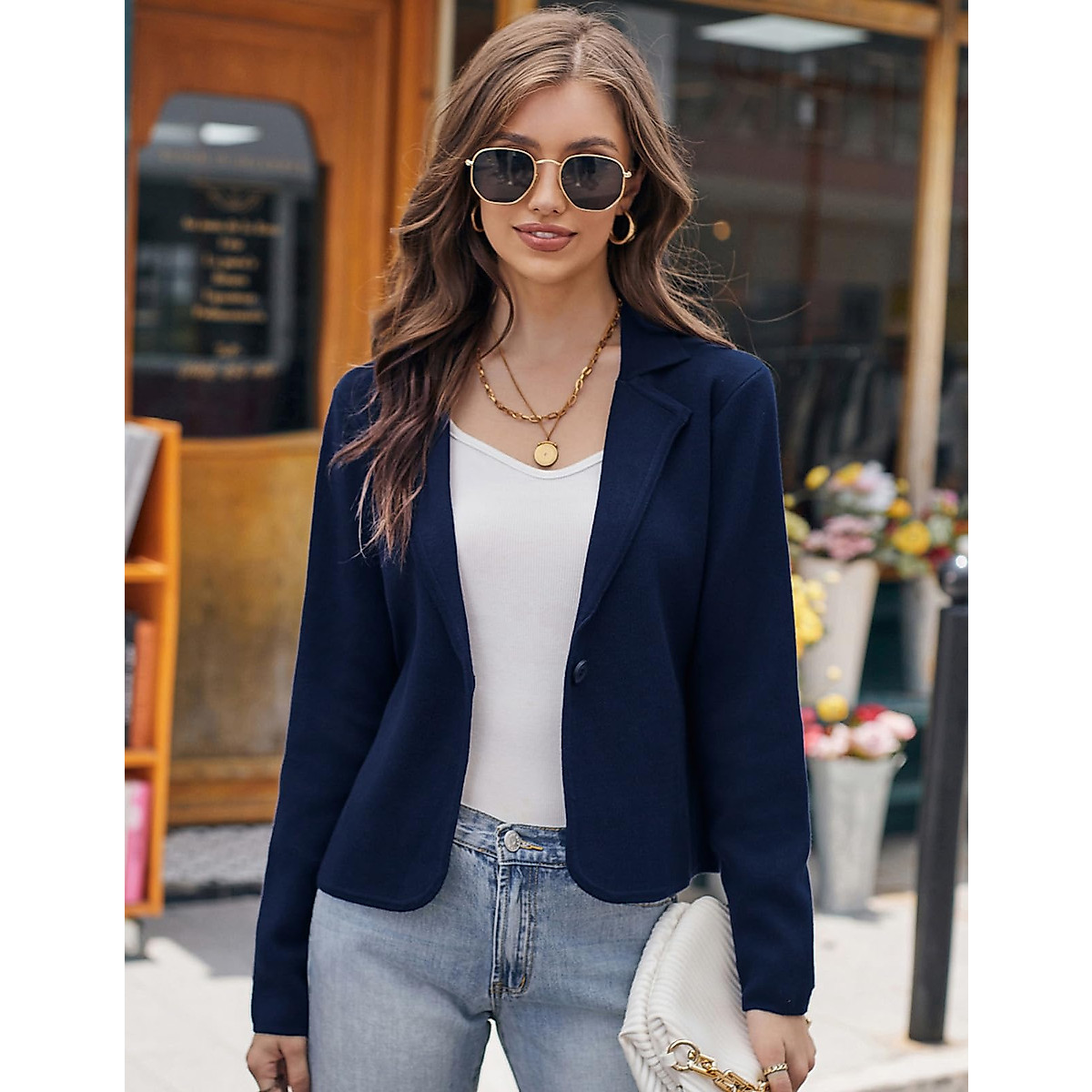 Women Causal Lightweight Sweater Blazers Cropped Dressy Cardigan Jacket Notch Collar Knit Blazer Navy Blue M