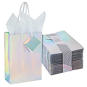 20 Pack Holographic Small Silver Gift Bags with Handles, White Tissue Paper and Tags, Iridescent (8 x 5.5 x 2.5 In)