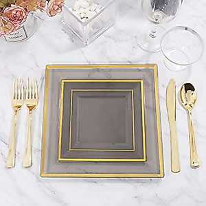 WELLIFE 150 PCS Clear Black Plastic Plates, Disposable Silverware and Cups, Gold Square Plastic Dinnerware, 25 Dinner Plates, 25 Dessert Plates, 25 Cups, 75 Gold Cutlery for Party and Weddings