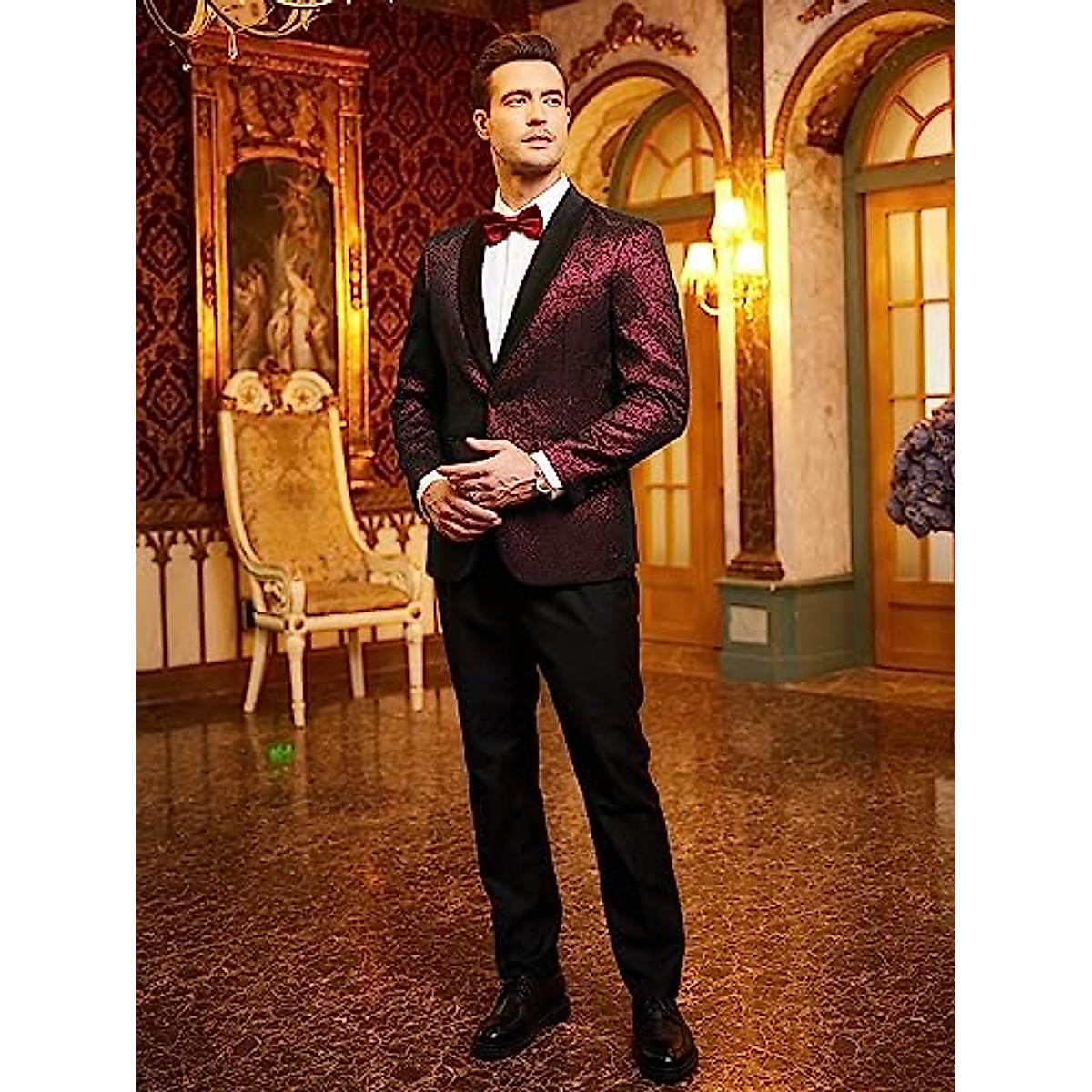 COOFANDY Mens Floral Tuxedo Jacket Embroidered Blazer Shawl Lapel Dress Suit Slim Fit for Christmas Prom Wedding Homecoming Party