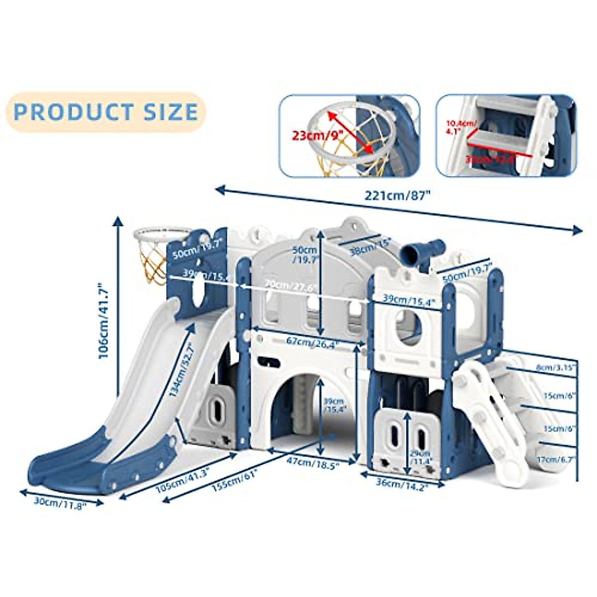 XJD 7 in 1 Toddler Slide Set, Kids Slide for Toddlers Age 1+, Toddler Climber Slide PlaySet with Basketball Hoop and Ball,Outdoor Indoor Playground for Toddlers 1-3 (Blue)