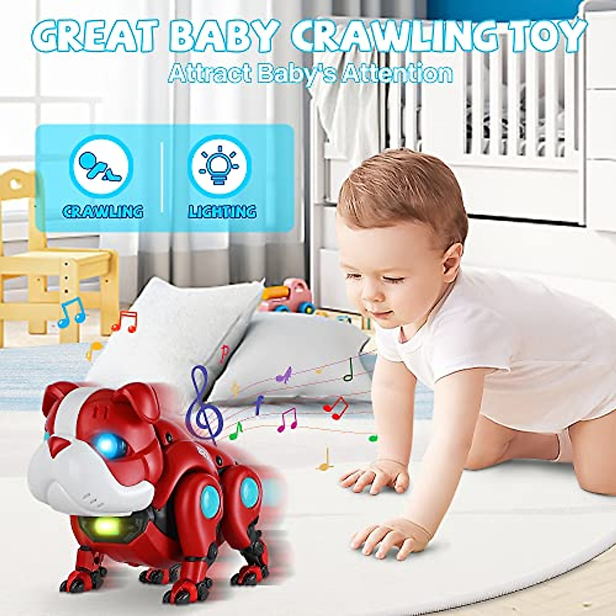 TNOIE Baby Toys Crawling Infant Toys Baby Musical Toys for Toddlers Walking Robot Dog Toy Educational Interactive Light-up Gifts Toys for 1 2 3 4 5 Year Old Boys Girls