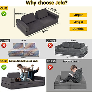 jela Kids Couch Extended Size 8PCS for Family, Floor Sofa Couch Modular Funiture for Kids Adults, Playhouse Play Set for Toddlers Babies, Modular Foam Play Couch Indoor 66" x 33" x 22" Darkgrey