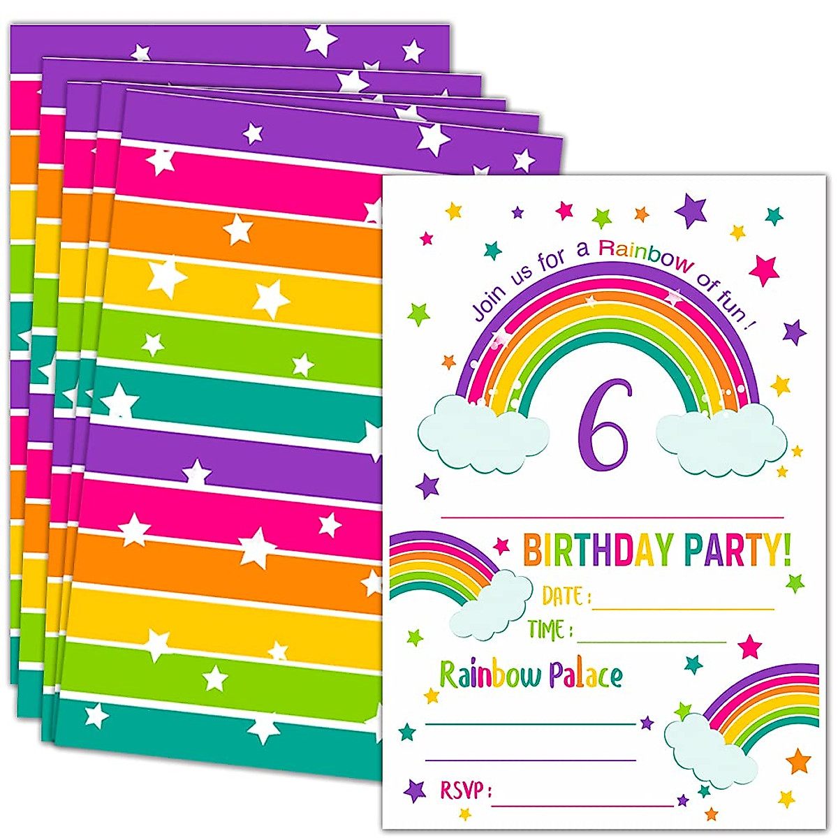 ukebobo 6th Rainbow Birthday Party Invitations with Envelopes – Birthday Party Invitations, Rainbow Party Decorations– 20 Cards With Envelopes（c03-06