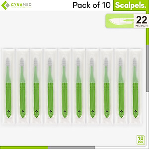 CYNAMED # 22 Disposable Scalpel with Plastic Handle - Sterile Single Blade Razor for Dermaplaning, Dissection, Podiatry, Professional Grooming, Acne Removal - Surgical Stainless Steel Tool - Box of 10